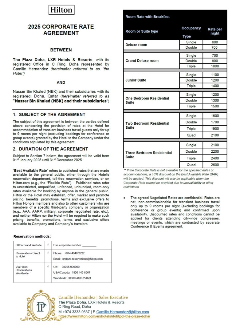 2025 The Plaza Doha, LXR Hotels & Resorts Corporate Rate – Nasser Bin ...