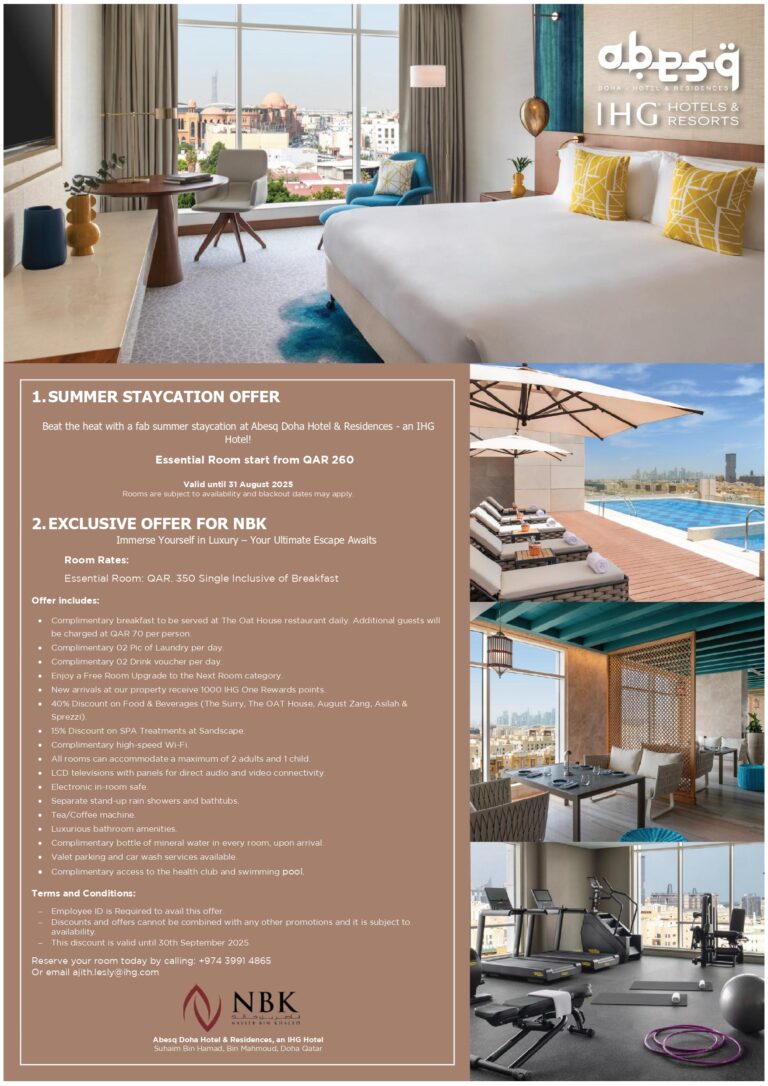 EXCLUSIVE RATES AT ABESQ DOHA HOTEL & RESIDENCES AN IHG HOTEL – Nasser ...